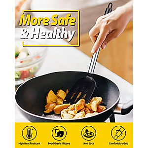 Pack of 2 Silicone Solid Turner ,Non Stick Slotted Kitchen Spatulas ,High Heat Resistant BPA Free Cooking Utensils ,Ideal Cookware for Fish ,Eggs ,Pancakes (Black)