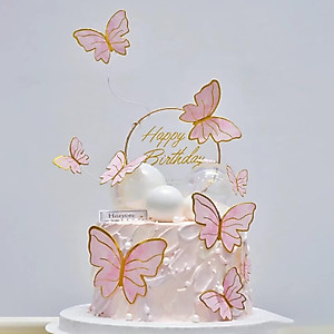 Pink Butterfly Cake Toppers, 11pcs Cupcake Toppers Happy Birthday Metal Gold Topper for Girls Women's Party Decorations