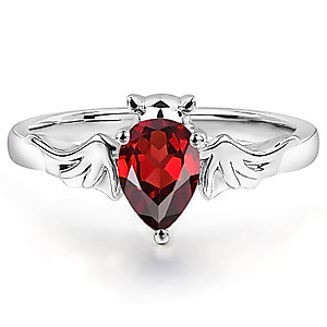 LUO S925 Sterling Silver 1.01 ct Garnet Ring Pear Shaped Unique Vampire Bat Ring Animal Promise Ring Statement Ring Gifts for Women US Size 8.5
