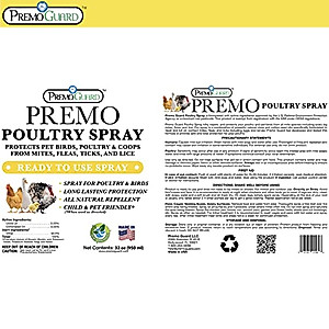 Poultry Spray by Premo Guard – Treat Mites, Fleas, Flies, and Lice – Fast Acting & Effective – Chicken, Turkey, Waterfowl, and Birds – Best Natural Protection for Control & Prevention – 32 oz