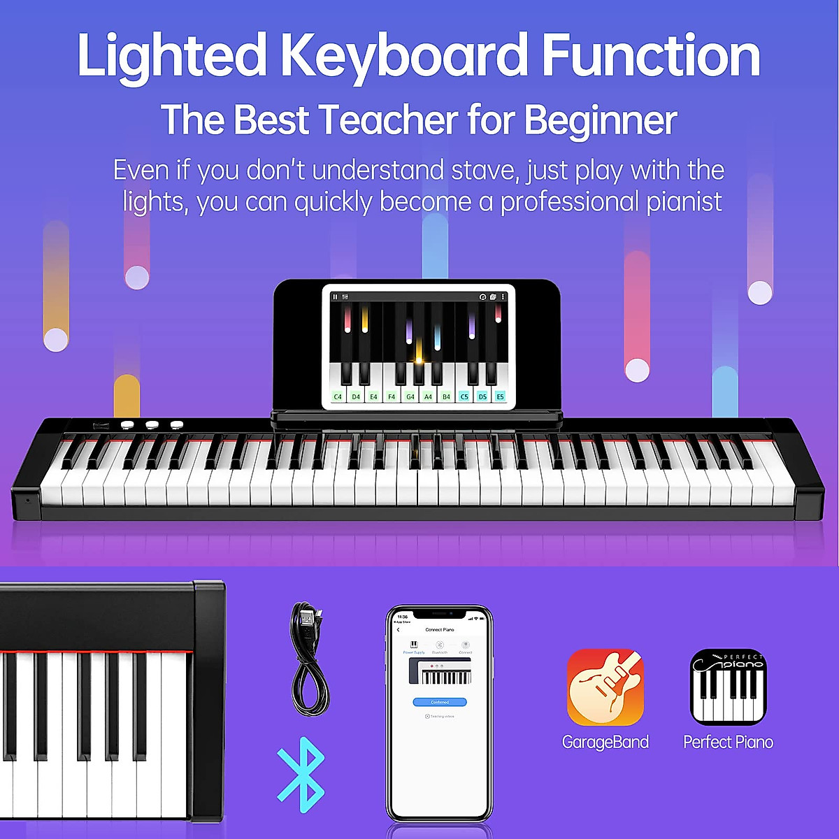 TERENCE Keyboard Piano with 61 Semi-weighted Keys & 1800mAh Battery Support MIDI USB Interface & Piano Application with Bluetooth Sheet Music Stand Sticker Bag Audio Cable Earphones