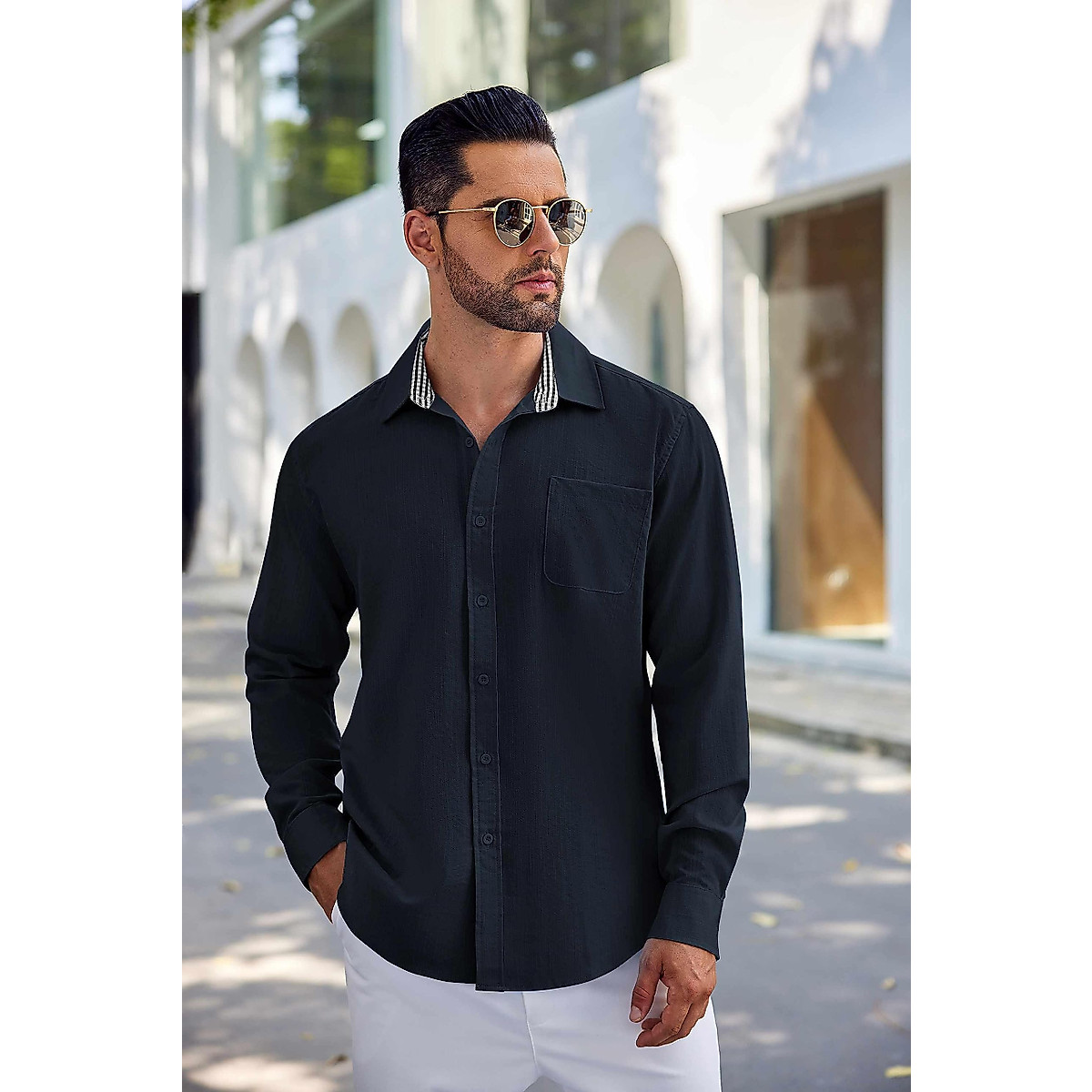 COOFANDY Mens Casual Shirts Long Sleeve Button Up Dress Shirts for Men Linen Beach Wedding Shirts, Navy Blue, XX-Large