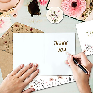 Minzerus Floral Thank You Cards With Envelopes - Bulk 24 Pack Flower Greeting Cards with Kraft Envelopes and Floral Stickers - for Birthday Wedding Baby Shower Bridal Shower, 4 x 6 Inch