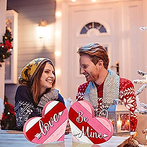 2 Pieces Valentine's Day Wooden Table Sign, Rustic Heart Shape Wood Love Sign Decor, Be Mine Romantic Home Centerpiece Freestanding Table Decoration for Home Wedding Anniversary Party Large Size