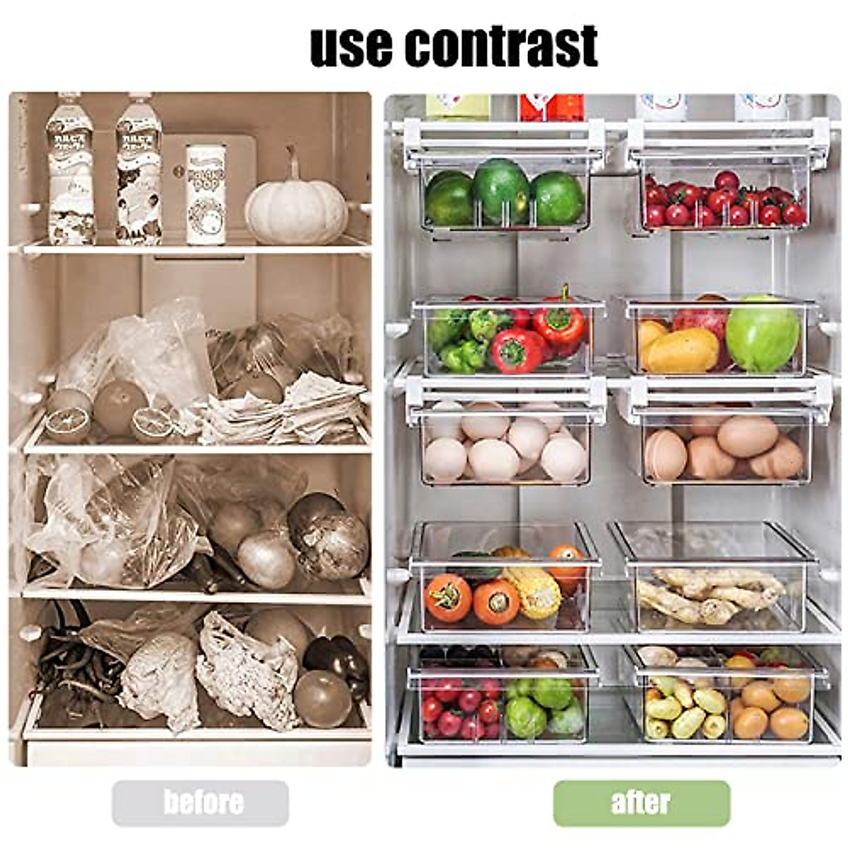 Loobuu 2 Pack Refrigerator Organizer Bins with Handle, Pull Out Fridge Drawer, Fridge Shelf Holder Storage Box, Refrigerator Storage Container with 2 Divided Sections, Fit for 0.6'' Fridge Shelf