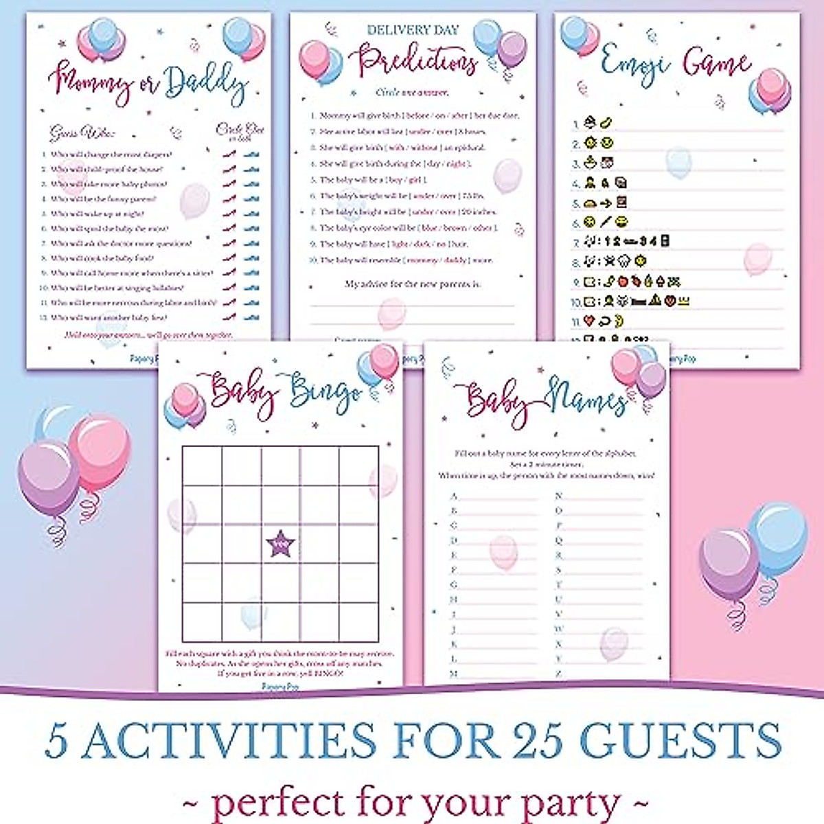 Gender Reveal Party Games - 5 Activities for 25 Guests - Double Sided Games