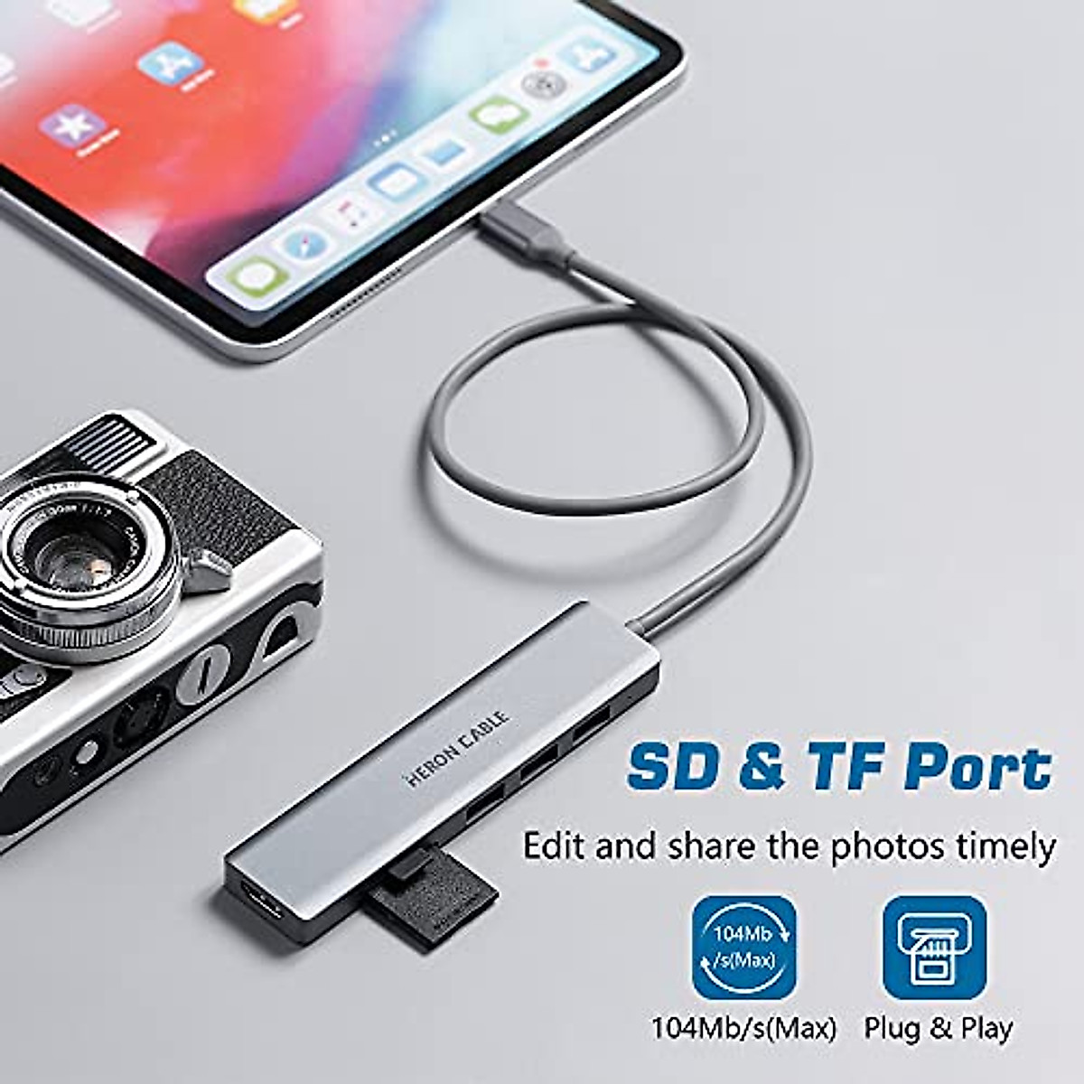 USB C Hub Multiport Adapter, USB C Dongle 6 in 1 USB-C Hub to 4K HDMI, USB 3.0, SD/TF Card Reader with Extra Long 1.6 FT Cable for MacBook Pro/Air, iPad Pro, iPad Air 2020，iMac and Other USB C Laptop