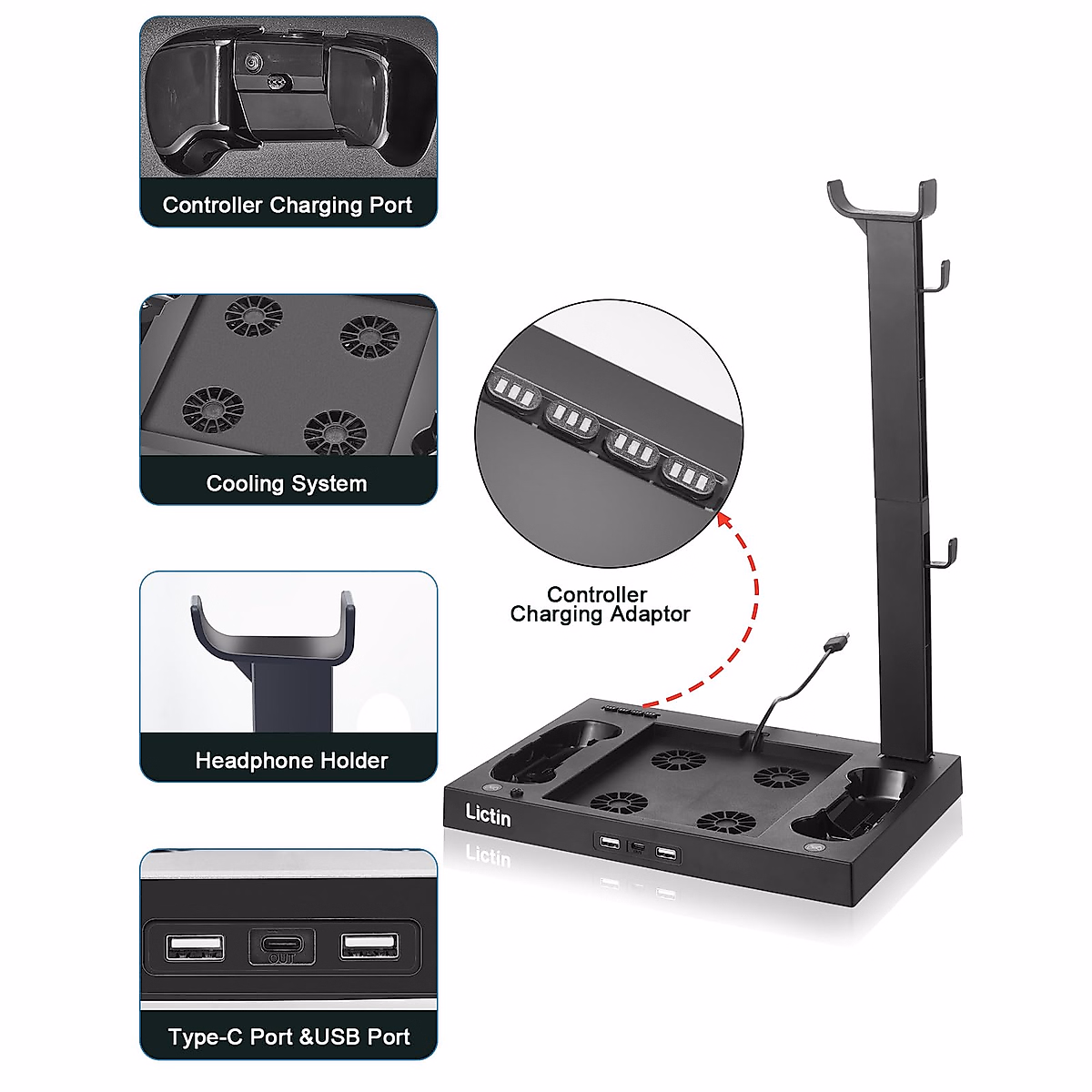 Lictin Cooling Fan Charging Station for Xbox Series X Console & Controller, Upgraded 4 Cooler Fan System Stand, Vertical Dual Charger Station Dock Accessories with 2 x 1400mAh Rechargeable Battery