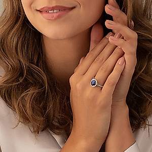 PEORA Created Blue Sapphire Halo Milgrain Solitaire Ring for Women 925 Sterling Silver, 2.75 Carats Oval Shape 9x7mm Size 9