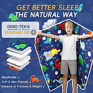 ROKDUK Weighted Blanket Kids 3 Pounds 36x48 in 100% Oeko-Tex Breathable Microfiber 1200TC Toddler Weighted Blanket Non-Toxic Glass Beads Small Heavy Blanket Throw Cartoon Printed Dark Blue Dinosaur