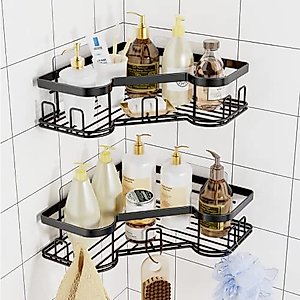 JOMOQ Shower Caddy, 2 Pack Corner Shower Caddy, Adhesive Shower Organizer,Rustproof Stainless Steel No Drilling Shower Shelf for Bathroom and kitchen Storage, Matte Black