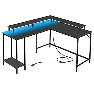 Panana 53.5" L Shaped Computer Desk Gaming Desk with LED Lights and Power Outlets, Reversible L Shaped Corner Desk with Monitor Stand, Home Office Desk with Shelf and USB Port (Black)