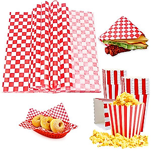 FHDUSRYO 100 Sheets Checkered Dry Waxed Deli Paper Sheets, Grease Resistant Checkered Basket Liner with 24 Popcorn Favor Boxes, Red and White Sandwich Paper Wraps for Party, Picnic (11x10.2inch)
