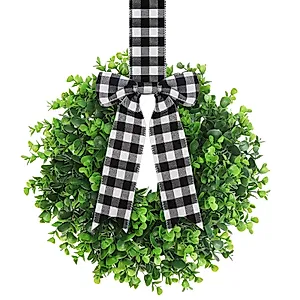 Artificial Eucalyptus Wreath Greenery Hanging Wreath Kitchen Cabinet Wreath with Buffalo Plaid Bow Black and White Check Bow for Christmas Front Door Home Wall Porch Patio Garden Decor