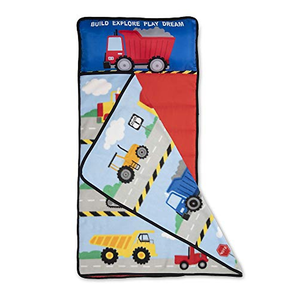 Baby Boom Funhouse Construction Area Trucks Kids Nap Mat Set – Includes Pillow and Fleece Blanket – Great for Boys Napping during Daycare or Preschool - Fits Toddlers, Blue
