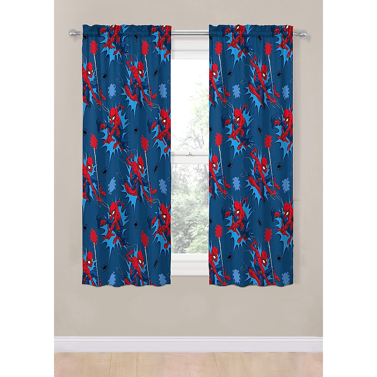 Jay Franco Kids Window Drapes - 4 Piece Curtain Set Includes 2 Tiebacks, Beautiful Bedding Room Décor and Easy Set Up, Blue - Spiderman, 63 Inch