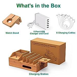 Bamboo Charging Station for Multiple Devices with 5 Port USB Charger, 6 Charger Cables and Smart Watch Stand. Wood Desktop Dock Stations Electronic Organizer for Cell Phone, Tablet, Watch, Office