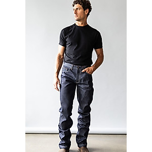 Kimes Ranch Men's Raw Dillon Mid-Low Rise Relaxed Upper Thigh Wide Bootcut Hand-Sanded Integrated Knife Pocket Jean 35W/34L Blue