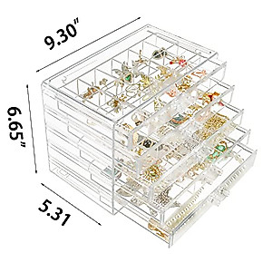 Weiai 90 Grids Adjustable Dividers Acrylic Jewelry Organizer, 5 Drawers Clear Jewelry Box Large Enough to Store Earrings Rings