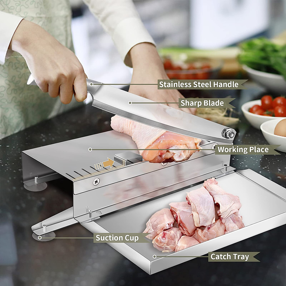 Meat Slicer Bone Cutter 20in，Manual Ribs Chopper for Chicken Fish or Beef，Stainless Steel Frozen Meat Slicer with Food Tray