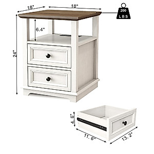 REDAYFUR 24” Tall Nightstand with Charging Station Set of 2, Fast Charge End Table Set of 2, Large 18” Bedside Table with Drawers, Storage Cabinet with Open Shelf for Bedroom, White