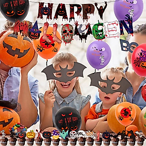 Halloween Balloon Pull Flag Insert Set of 36, 15 Black Orange Purple Halloween Balloon Decorations with Confetti Balloon Skeleton Bat Ghost Pull Flag, Halloween Theme Birthday Party Supplies