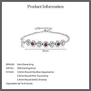 Gem Stone King 925 Sterling Silver Sky Blue Aquamarine and Pink Tourmaline Tennis Bracelet For Women (1.97 Cttw, Gemstone March Birthstone, 7 Inch with 2 Inch Extender)