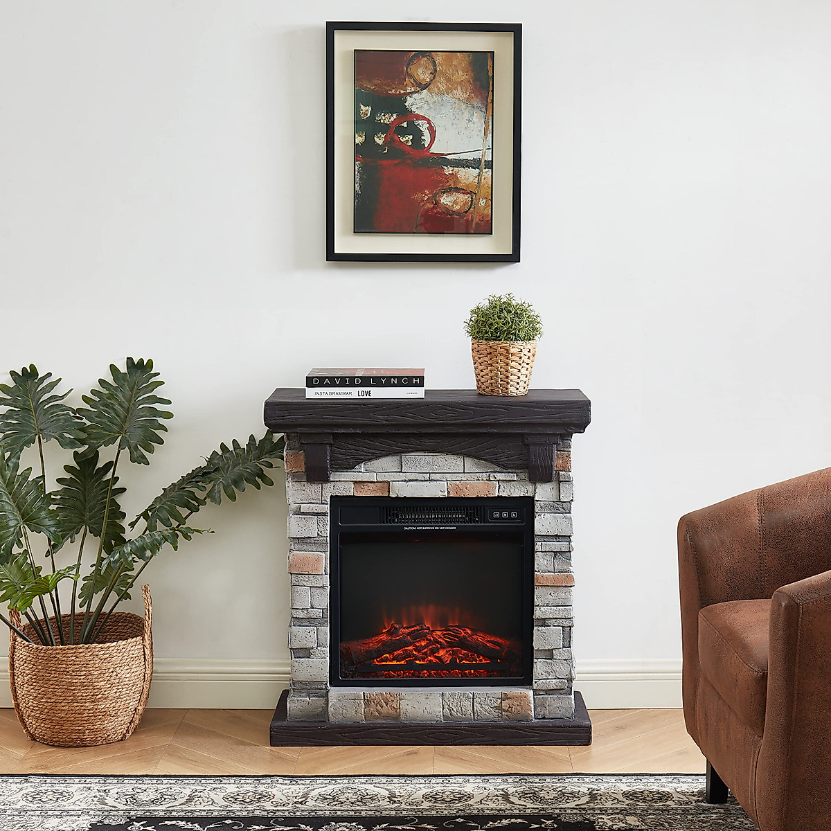 Edwin's Choice Electric Fireplace with Mantel, 28”W Faux-Stone Fireplace Mantel，Freestanding Fireplace, Realistic Flame Effect and 3D Log, Room Heater 28”Wx11”Dx31”H Gray