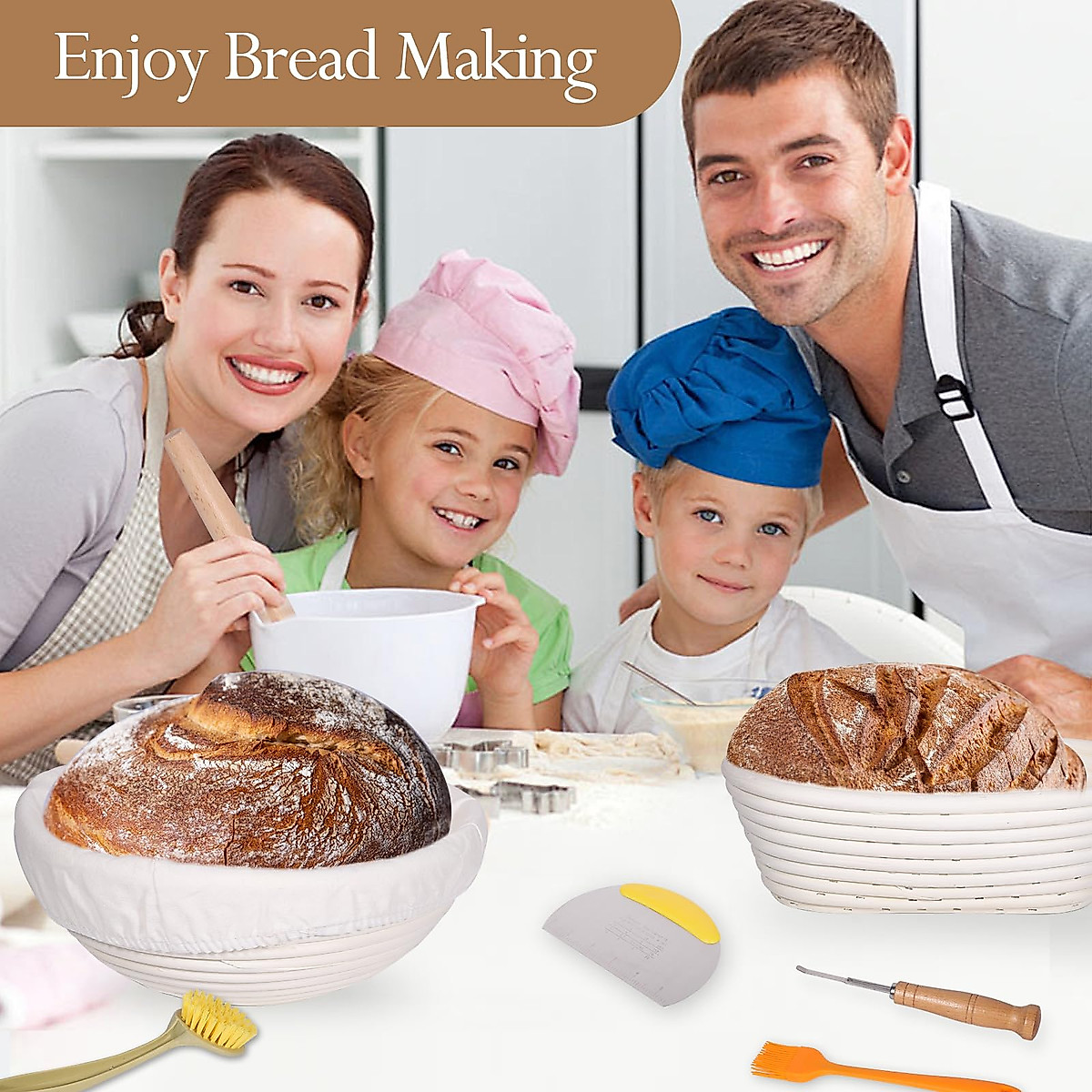 Watcor Sourdough Bread Baking Supplies Set,10 Inch Oval & 9 Inch Round Banneton Bread Proofing Baskets with Linen Liner, Silicone Bread Sling, Danish Dough Whisk, Dough Scraper Kit, Silicone Brush