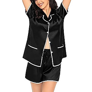 SWOMOG Silk Pajamas for Women Satin Sleepwear Short Sleeve Sleep Shirt with Shorts Soft Loungewear Pjs Set Black