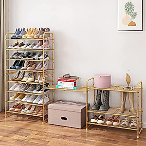 Simple Trending 4-Tier Stackable Shoe Rack, Expandable & Adjustable Shoe Organizer Storage Shelf, Wire Grid, Golden Yellow