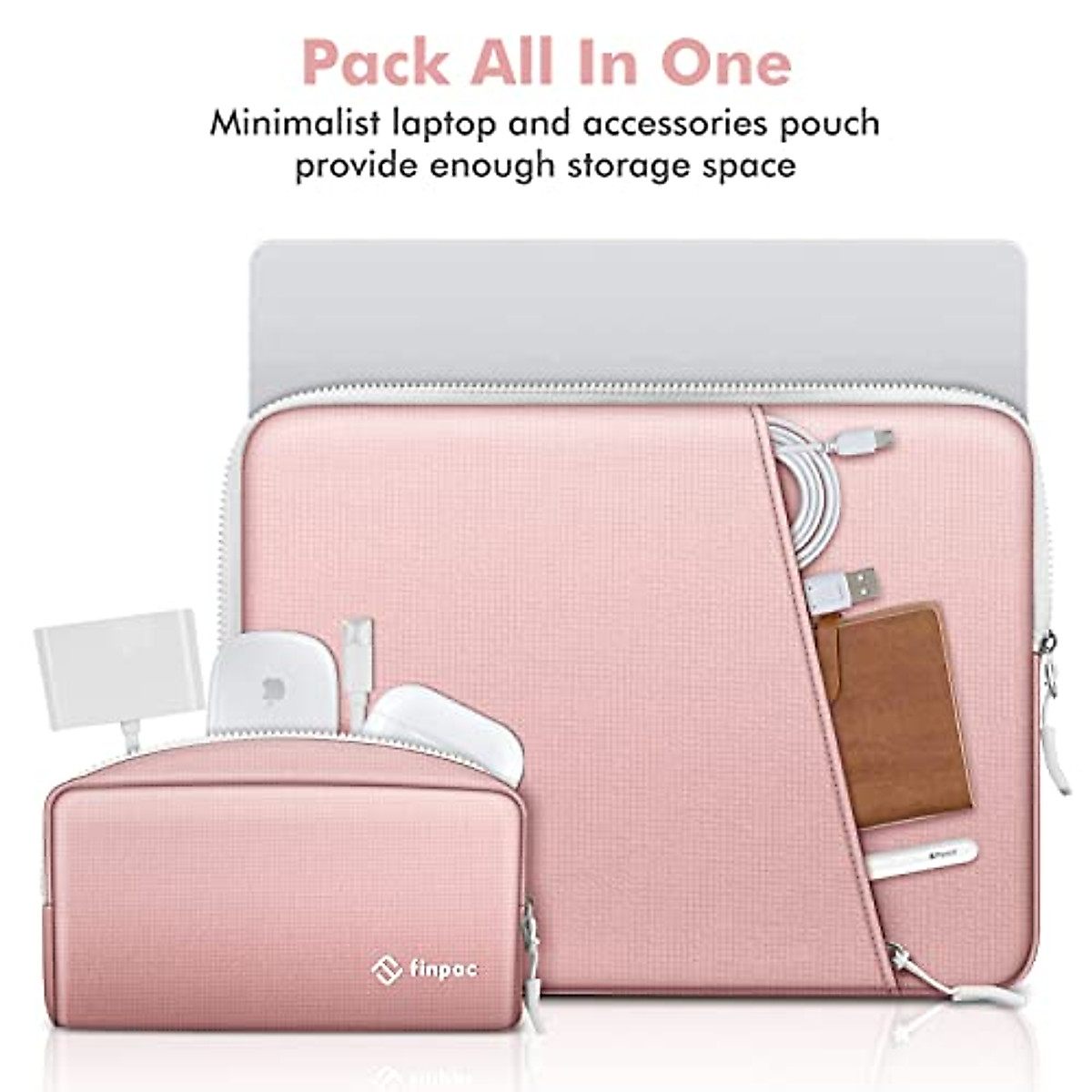 FINPAC Laptop Sleeve with Accessory Pouch for MacBook Pro 14-inch M2/M1 2023-2021, 13'' MacBook Air 2022-2018, MacBook Pro 13 2022-2016, Protective Case with Tech Bag for Dell, HP, Surface (Baby Pink)