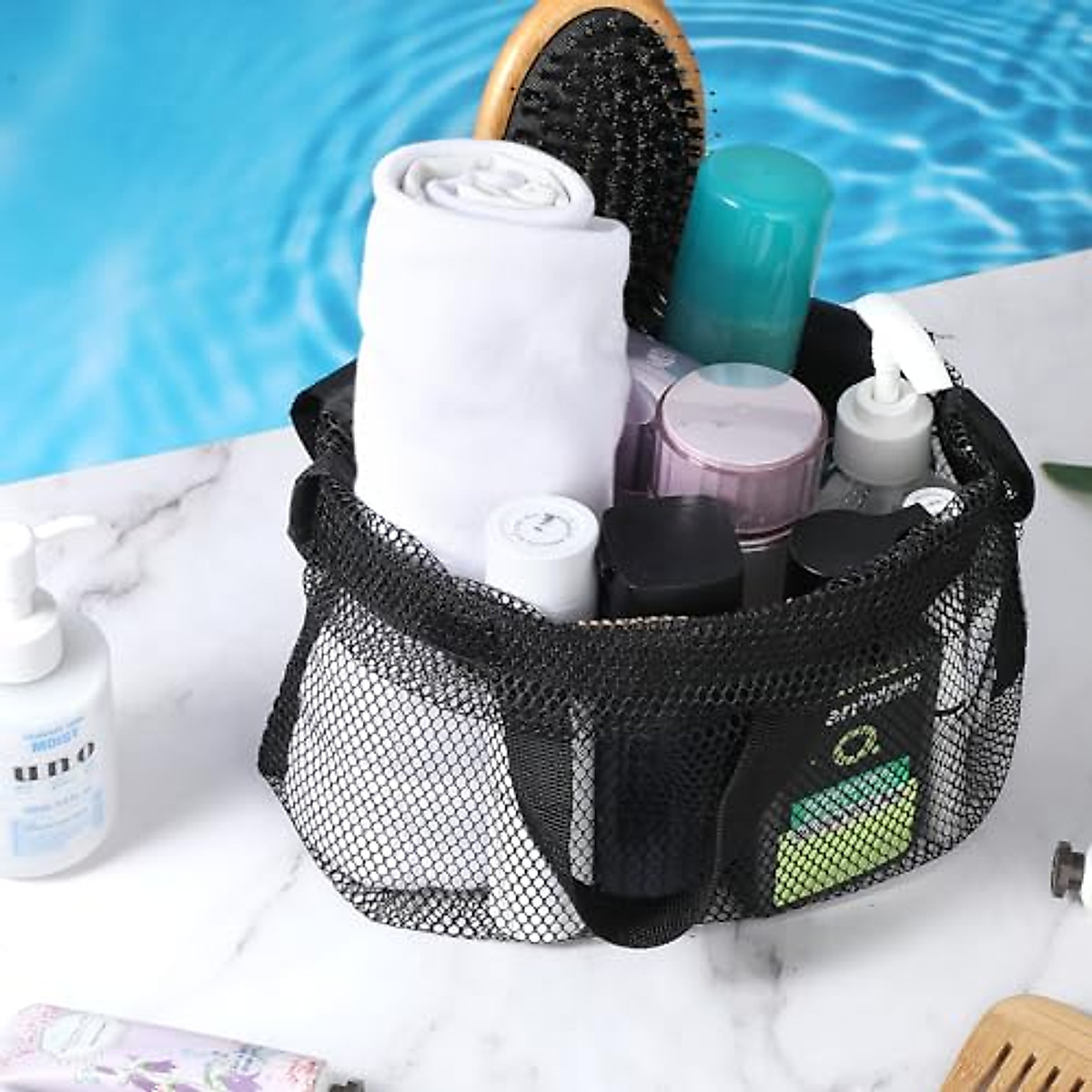 COMNICO Mesh Shower Caddy, Portable Tote Bag Black Quick Dry Hanging Shower Tote Bath Organizer for College Dorm Room Bathroom Gym Travel Swimming