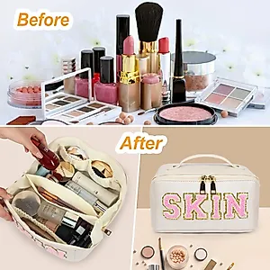 JOINDO Large Capacity Skincare Bag, Chenille Letter Preppy Makeup Bag, PU Leather Large Capacity Travel Cosmetic Bag with Divider and Handle, Gift for Women