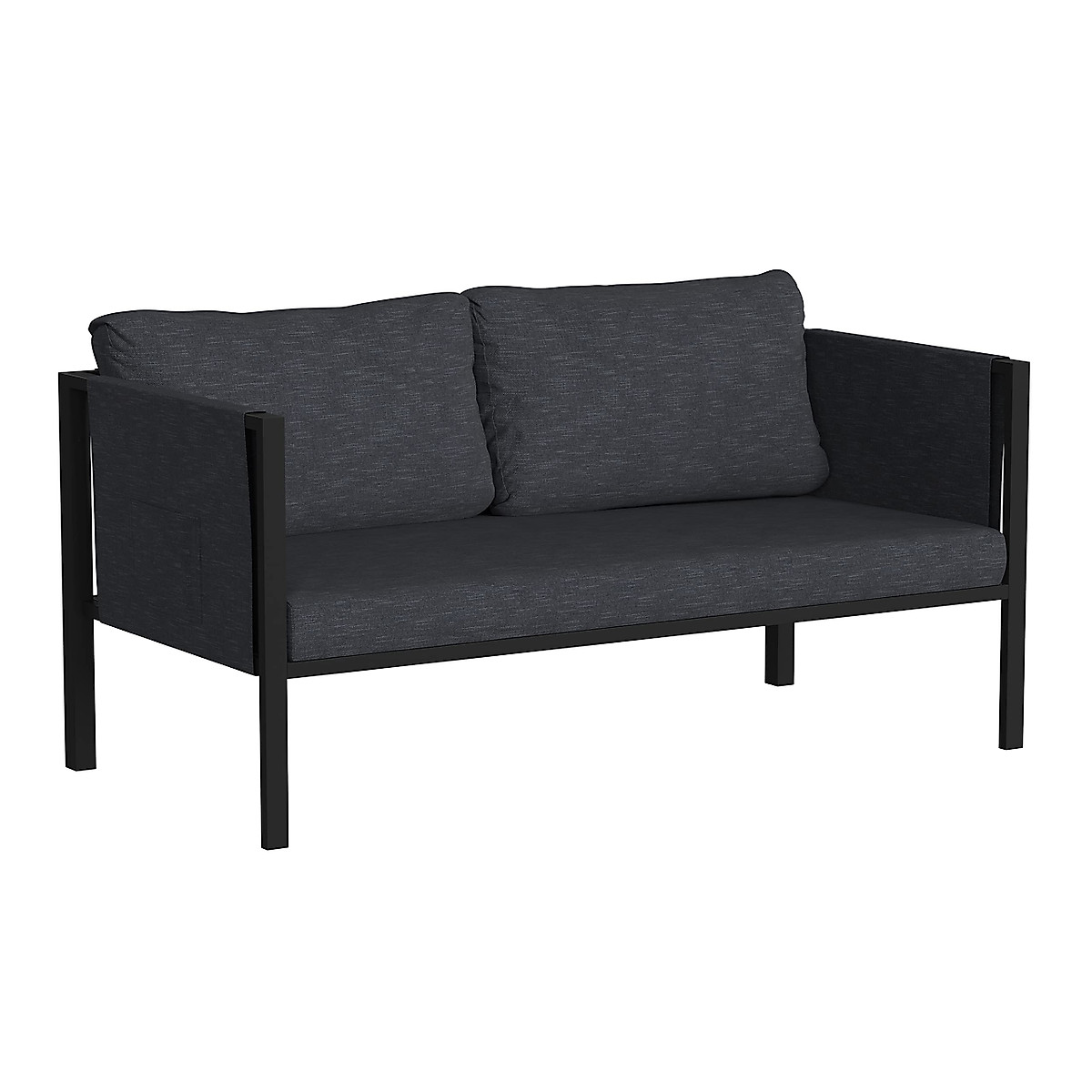 Flash Furniture Lea Indoor/Outdoor Loveseat with Cushions - Modern Steel Framed Chair with Storage Pockets, Black with Charcoal Cushions