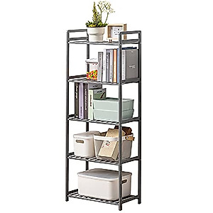 IOTXY Adjustable Multifunctional Shelving Unit - Medium 5-Tier Bamboo Freestanding Shelf, Bathroom Towel Storage Shelves, Living Room Open Bookshelf, Kitchen Organizer, Entryway Shoe Rack, Light Grey