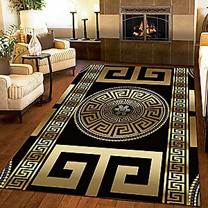 Retro Black Gold Greek Key Area Rug, Non Slip Noise Reduction Kids Rugs, Machine Washable Durable Carpet for Indoor Living Room Bedroom Office Decor Mat - 4' by 6'