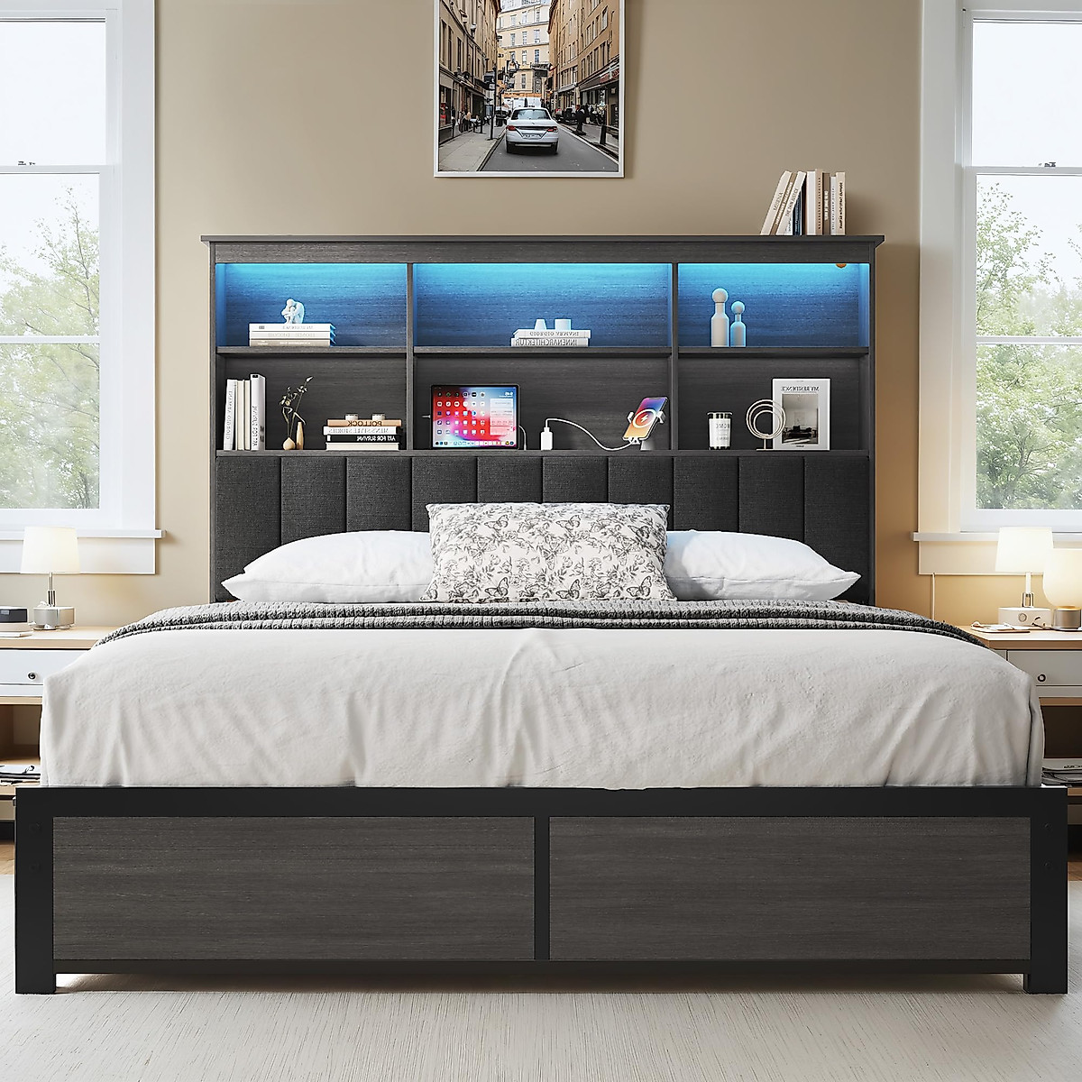 HISOFT Queen Bed Frame with Storage Headboard, Wood Bed Frame with High Storage Bookcase, 4 Storage Drawers & LED & Charging Station,No Box Spring Needed/Noise Free/All-Metal Support, Rustic Grey