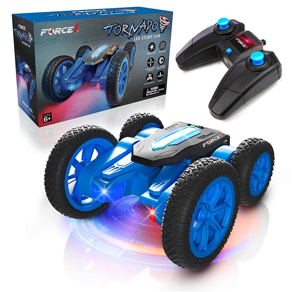 Force1 Tornado Remote Control Car AND Dino Whirler Triceratops Stunt Car Bundle- (1) Double Sided Fast Off-Road RC Stunt Car RC Crawler Rechargeable and (1) Fast Remote Control Mini Stunt Car for Kids
