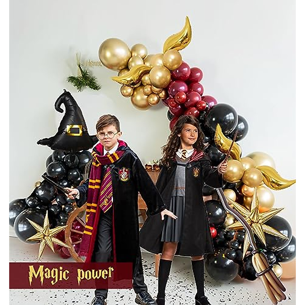 Magic Wizard School Balloon Garland Kit 132pcs Burgundy Black Gold With BONUS Diy Wizard Hat for Magic theme Birthday Decorations Magic Theme Baby Shower