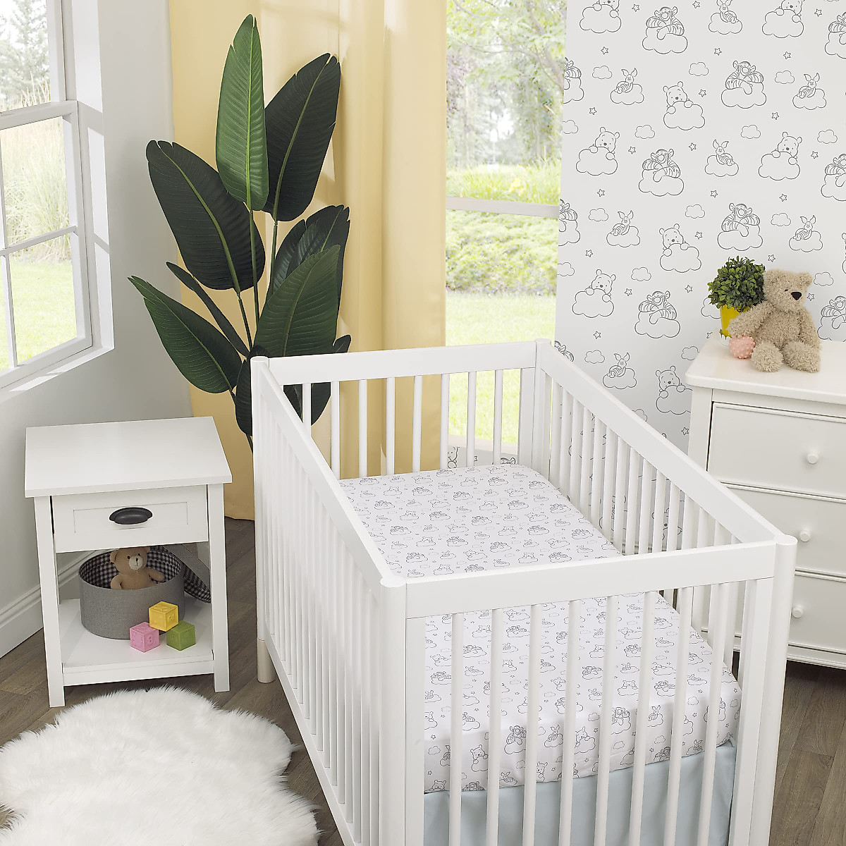 Disney Winnie The Pooh Hello Sunshine Multi-Colored Rainbow, Yellow Sun & Blue Clouds 3Piece Nursery Crib Bedding Set - Comforter, Fitted Crib Sheet & Crib Skirt, Aqua, Yellow, Orange, White