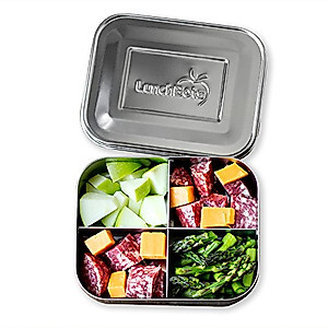 LunchBots Medium Quad Snack Container - Divided Stainless Steel Food Container - Four Sections for Finger Foods On the Go - Eco-Friendly, Dishwasher Safe - Stainless Lid - Stainless Steel