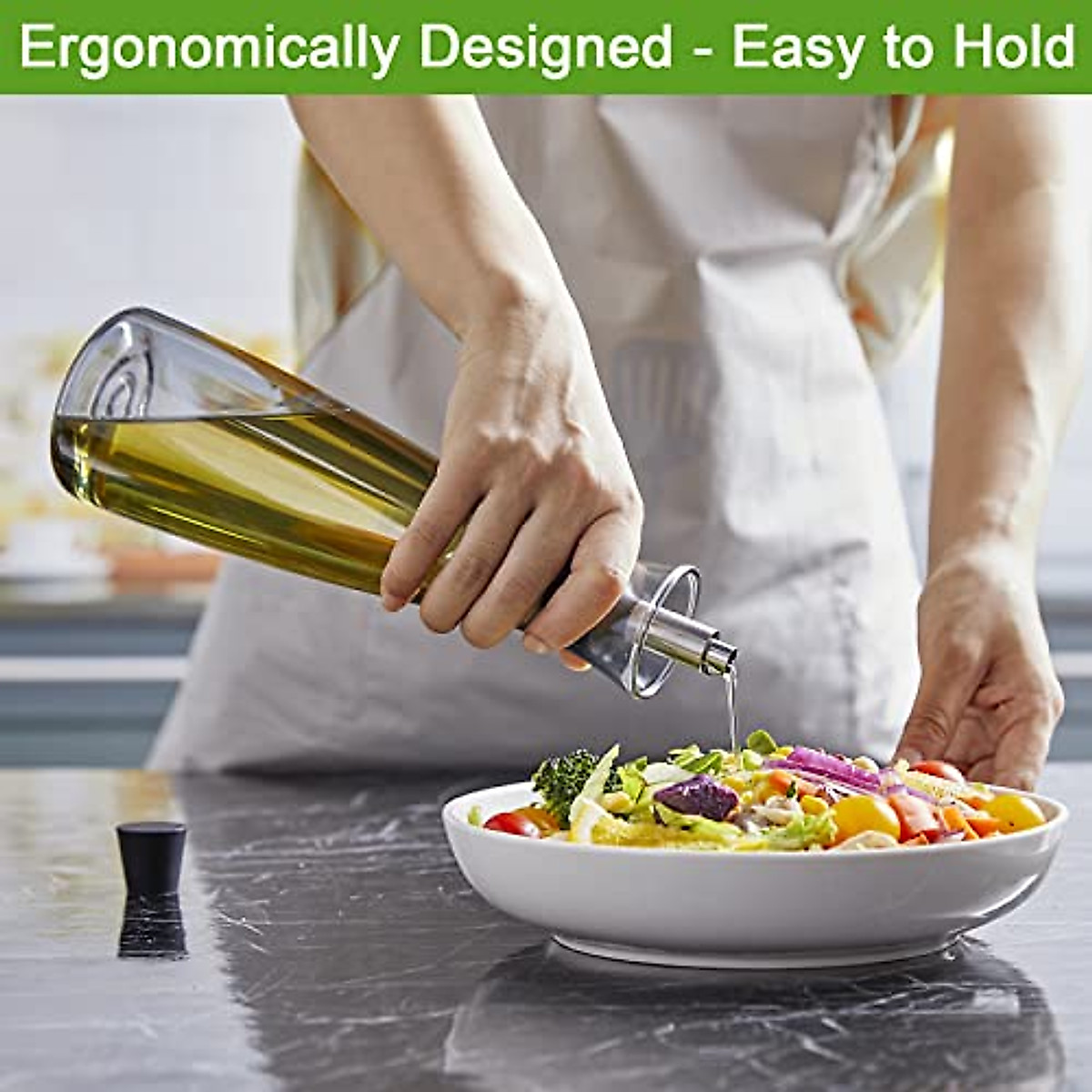 Glass Olive Oil Dispenser, Bivvclaz 18 OZ Oil and Vinegar Dispenser with Drip-free Spout, Olive Oil Cruet Bottle with Airtight Silicone Cap for Kitchen Decor, Easy to Clean, Black Transparent