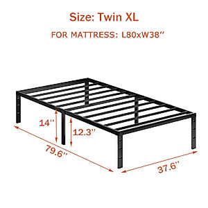 zunatu 14 Inch Twin XL Metal Bed Frame Foundation No Box Spring Needed Heavy Duty Tall Platform with Large Storage Easy Assembly Mattress Noise Free, Black
