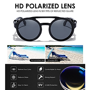 MUDIWRLO Polarized Round Steampunk Sunglasses with Leather Side Double Bridge Shield Retro Eyewear for Men Women(Black)