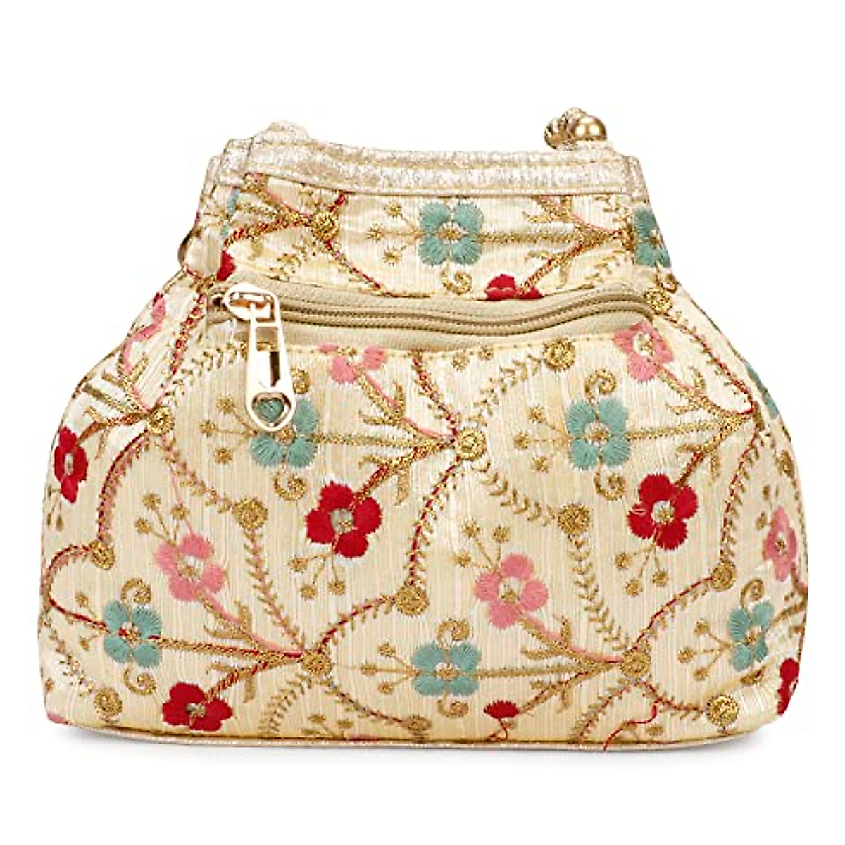 Indian Ethnic Designer Embroidered Silk Potli Bag Batwa Pearls Handle Purse (Golden nd Purple)