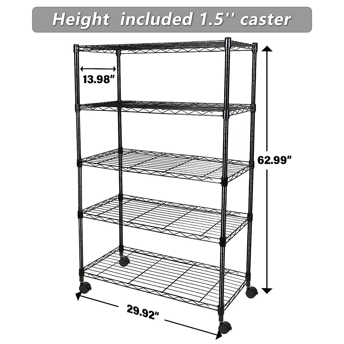 Simple Deluxe Heavy Duty 5-Shelf Shelving Unit 1250Lb Capacity, 29.92" D x 13.98" W x 62.99" H, 5 Tier, Black