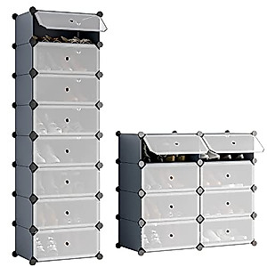 UNZIPE Shoe Rack Cabinet, 8-Tier Shoe Storage Organizer for Entryway, 16 Pairs Plastic Shoe Shelves with Door DIY Freestanding Shoes Tower with Covered for Closet Bedroom Hallway Garage, Dark Grey