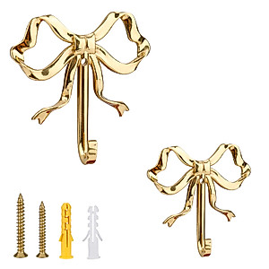 XIHIRCD 2pcs Gold Bow Hooks, Multi-Purpose Bowknot Coat Hook Ribbon Decorative Purse Wall Hanger Vintage Key Holder for Towel Hats Bags Living Room Bedroom Bathroom Organizer (2 Sizes)