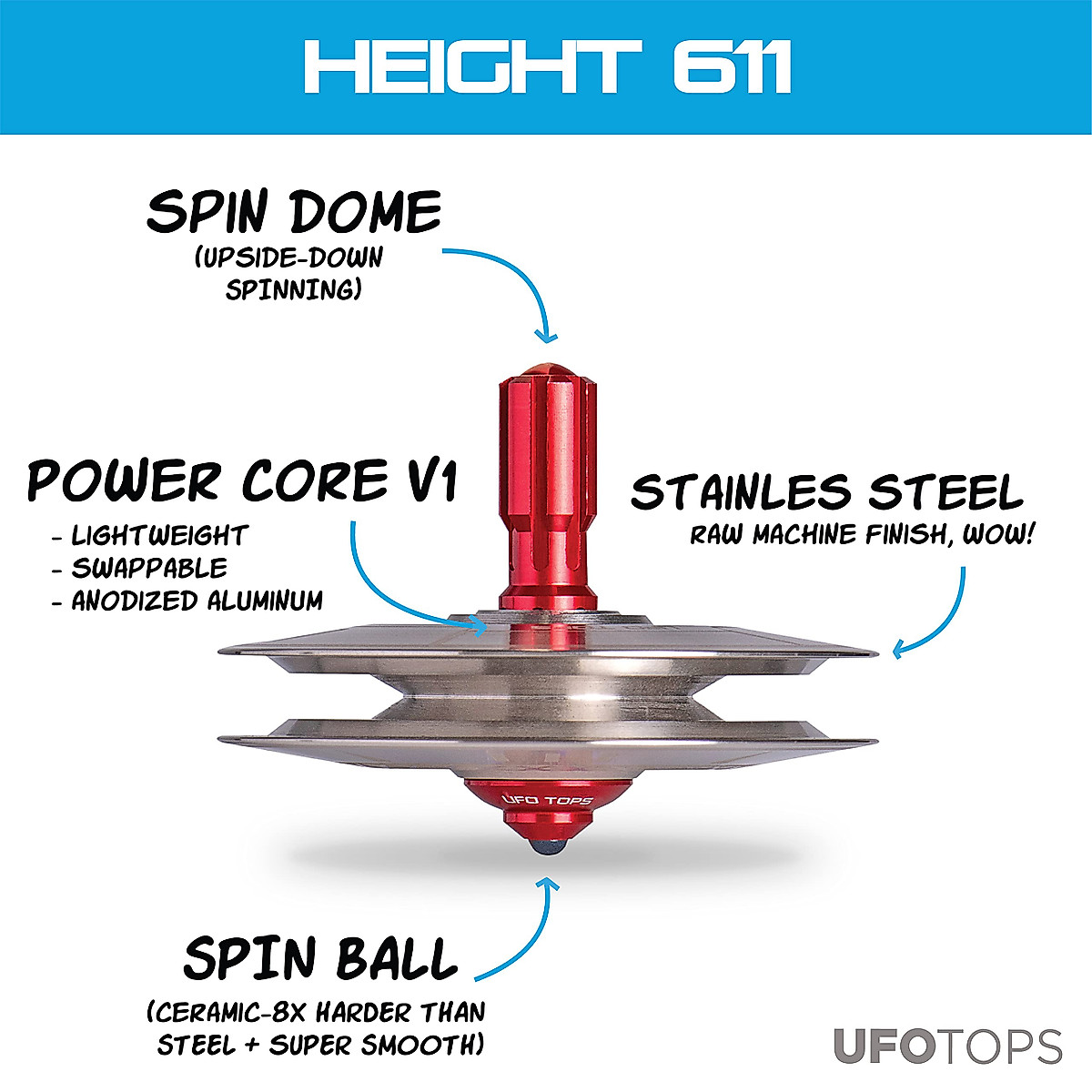 UFO Tops - Height 611 | Metal Spinning Top | Inspired by The 1986 Soviet Union UFO Incident | Raw Stainless Steel UFO Body and Fireball Red Power Core™